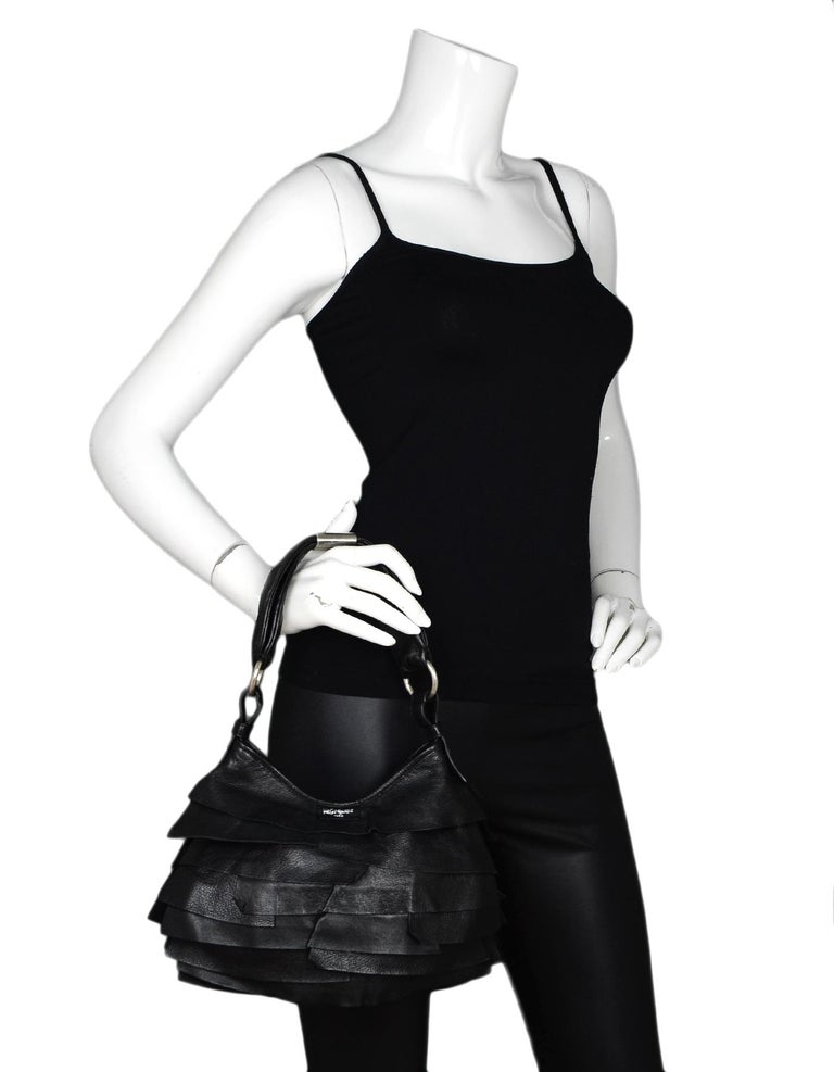 YSL Yves Saint Laurent Black Leather St Tropez Layered Ruffle Shoulder ...