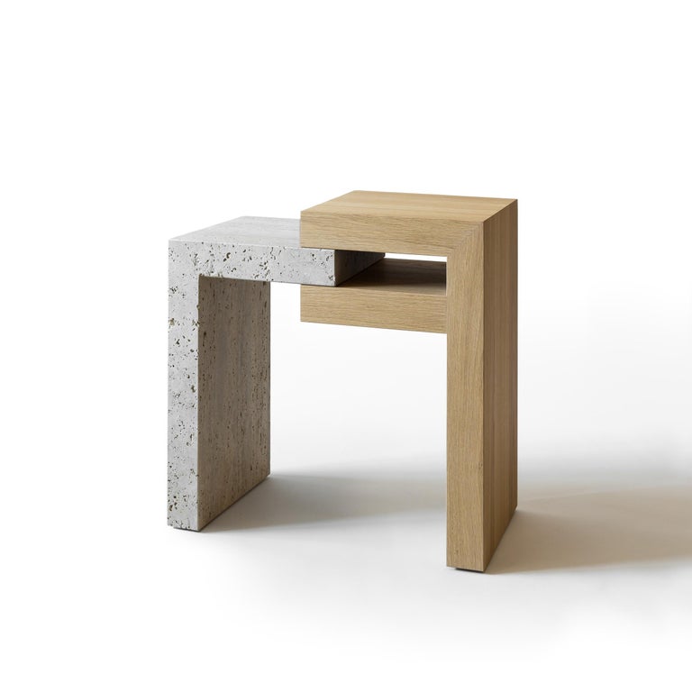 Yume Oak and Travertine Side Table by Joyful Homes For Sale at 1stDibs