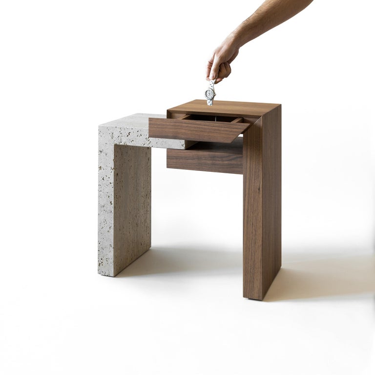 Yume Walnut + Travertine Bedside Table by Joyful Homes For Sale at 1stDibs