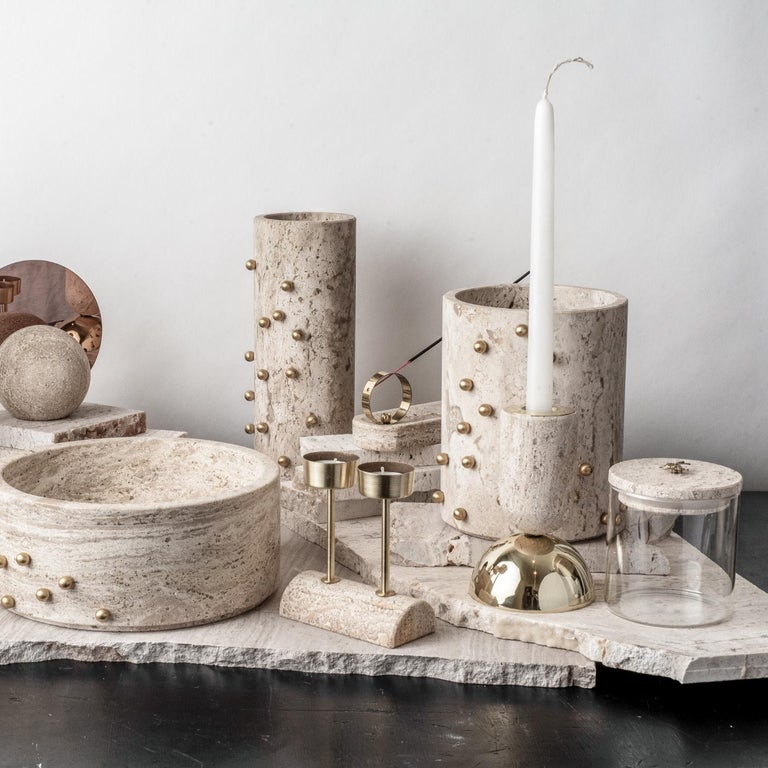 Yunta Travertine Marble and Brass Candle Holders For Sale at 1stDibs