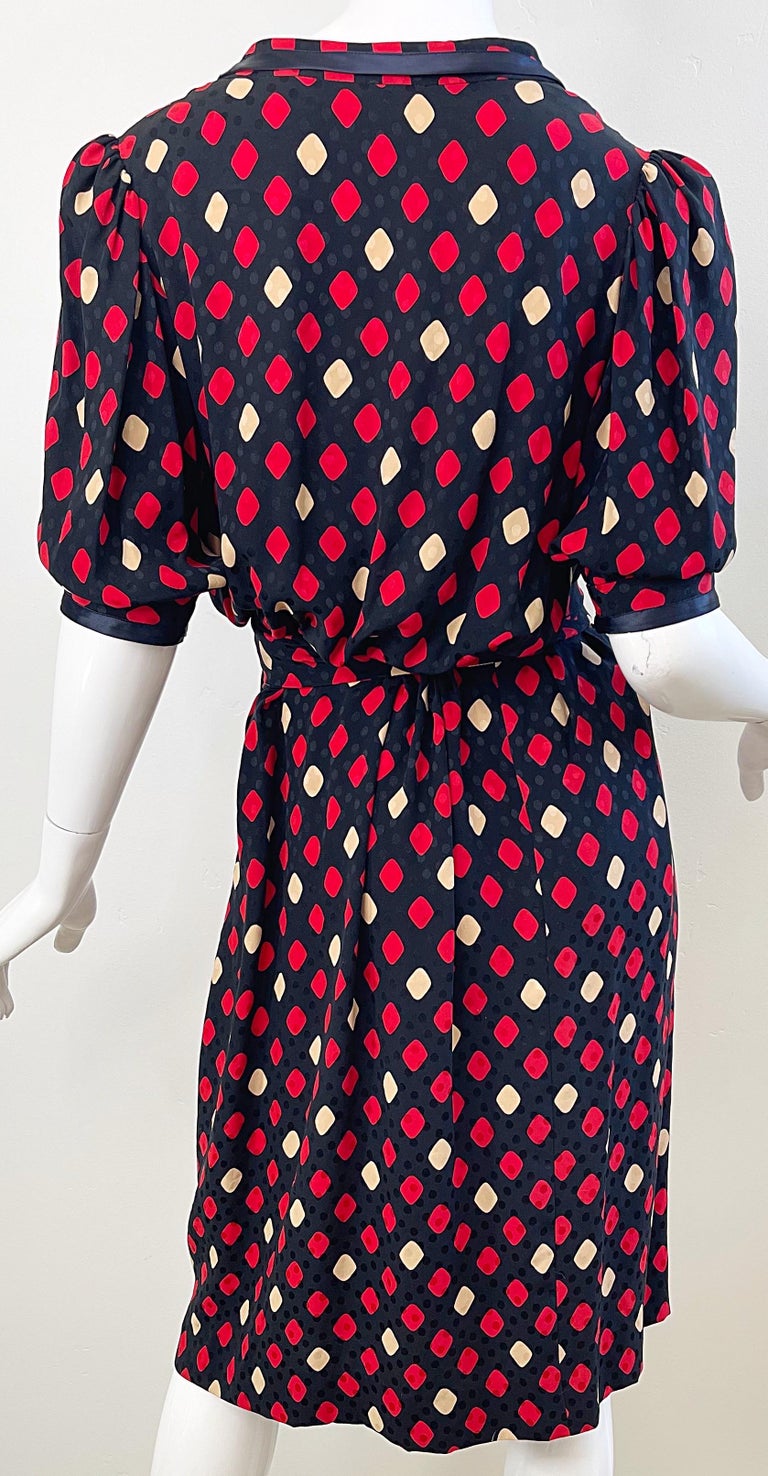 Yves Saint Laurent 1970s YSL Rive Gauche Black Red Diamond Print Silk ...