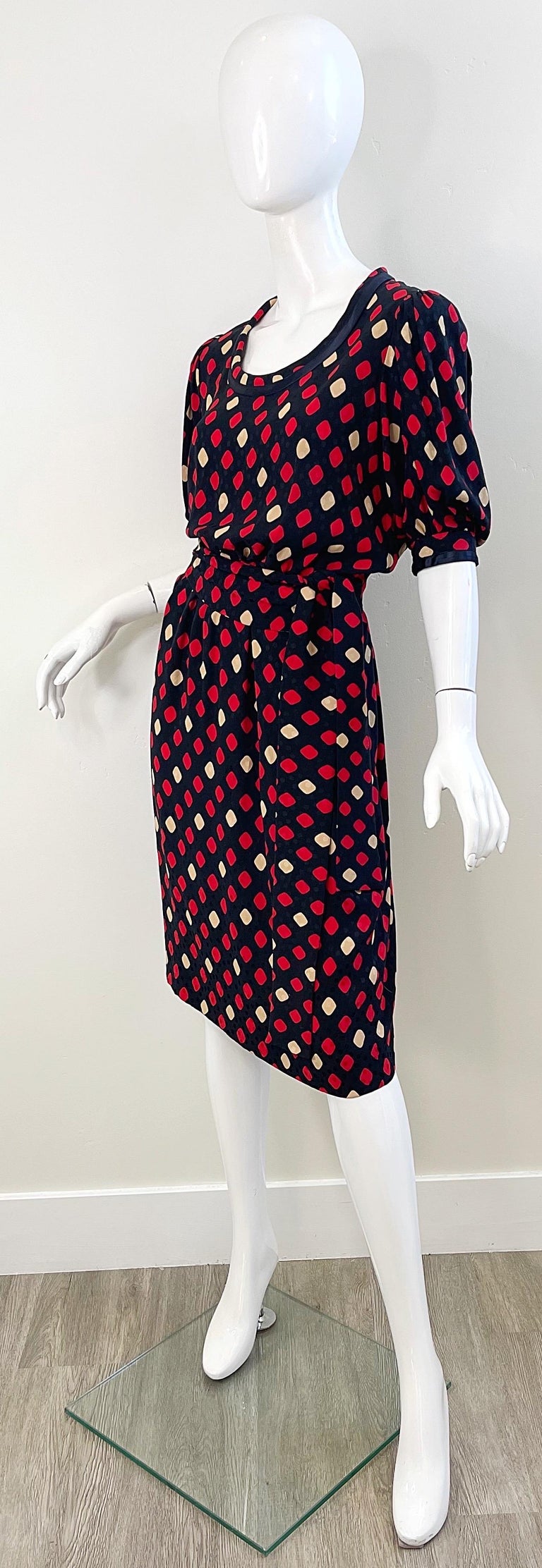 Yves Saint Laurent 1970s YSL Rive Gauche Black Red Diamond Print Silk ...