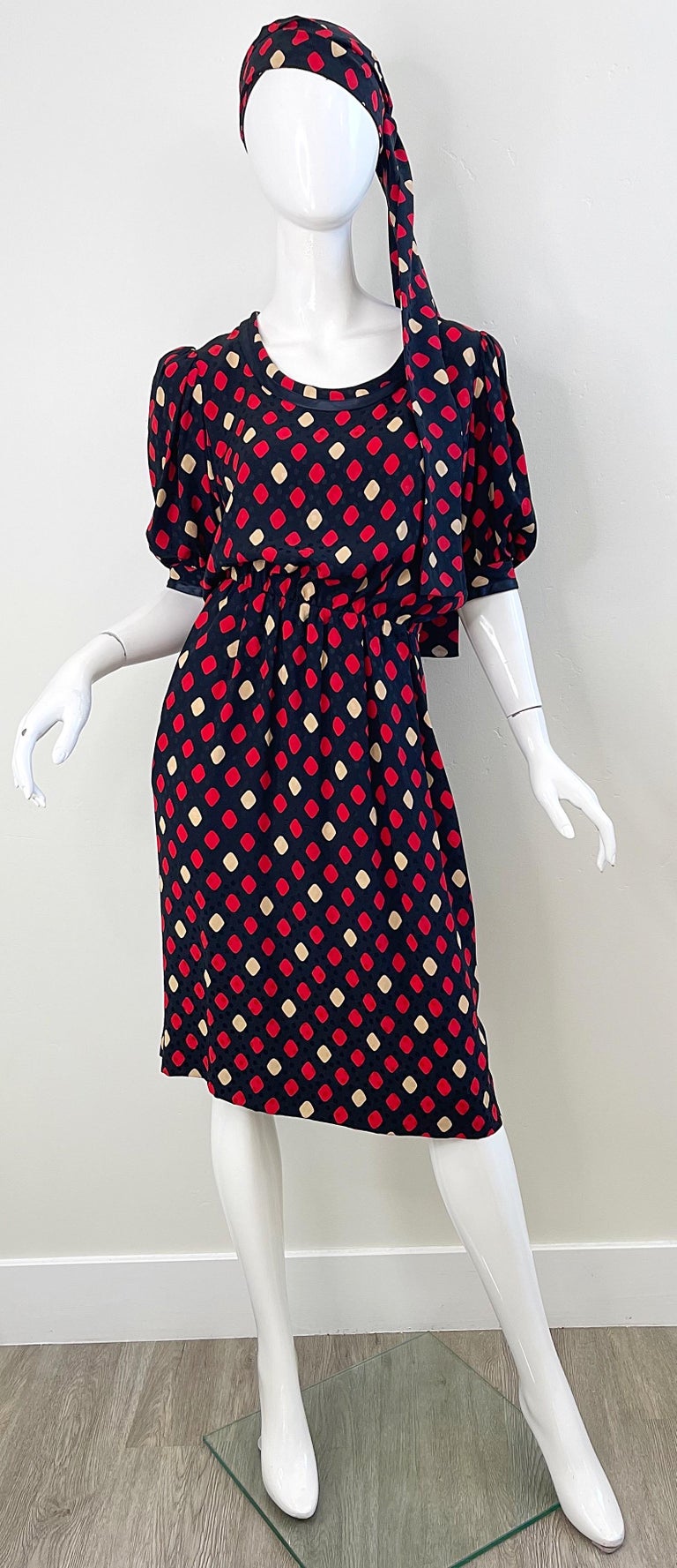 Yves Saint Laurent 1970s YSL Rive Gauche Black Red Diamond Print Silk ...