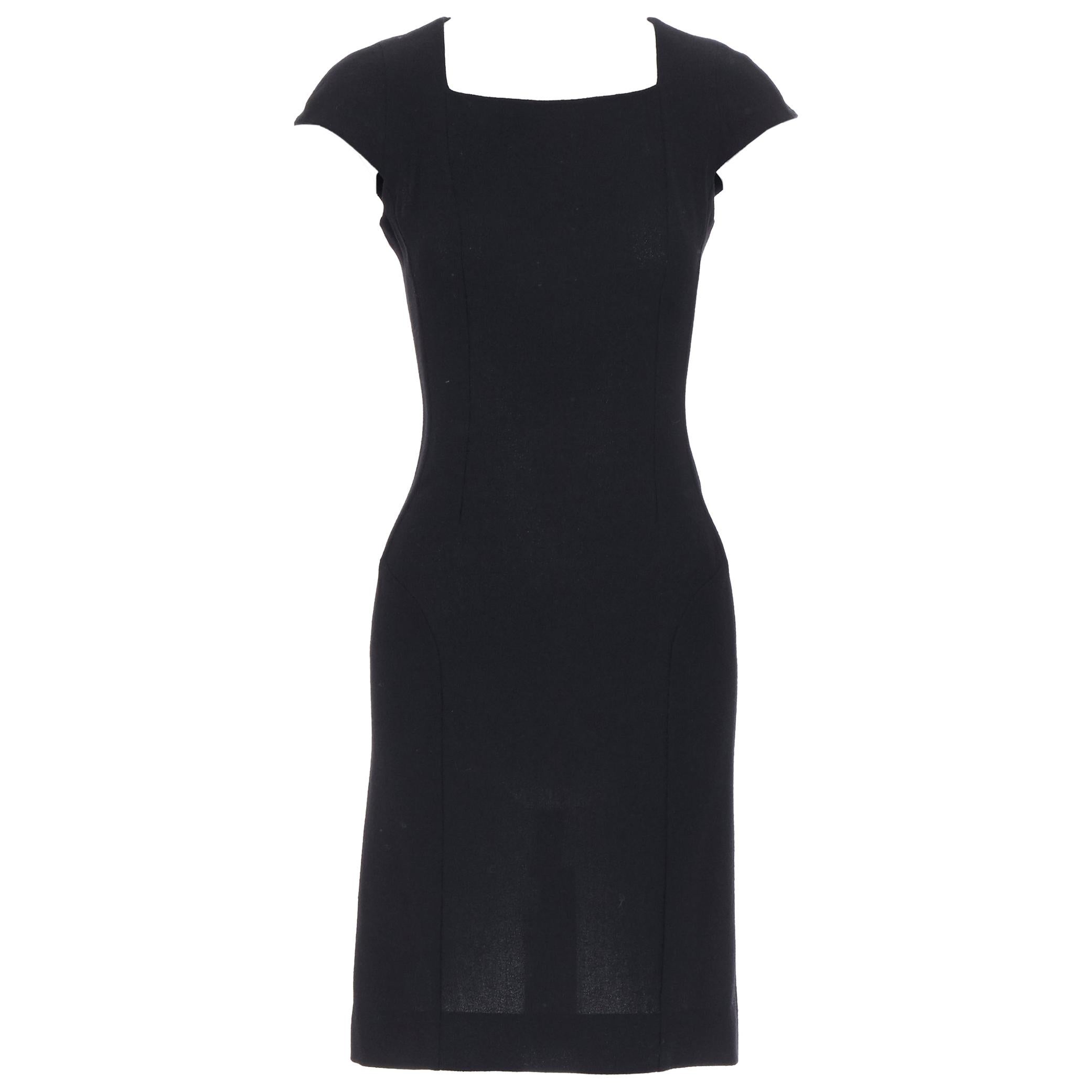 YVES SAINT LAURENT 2009 black wool square neck cap sleeve sheath dress ...