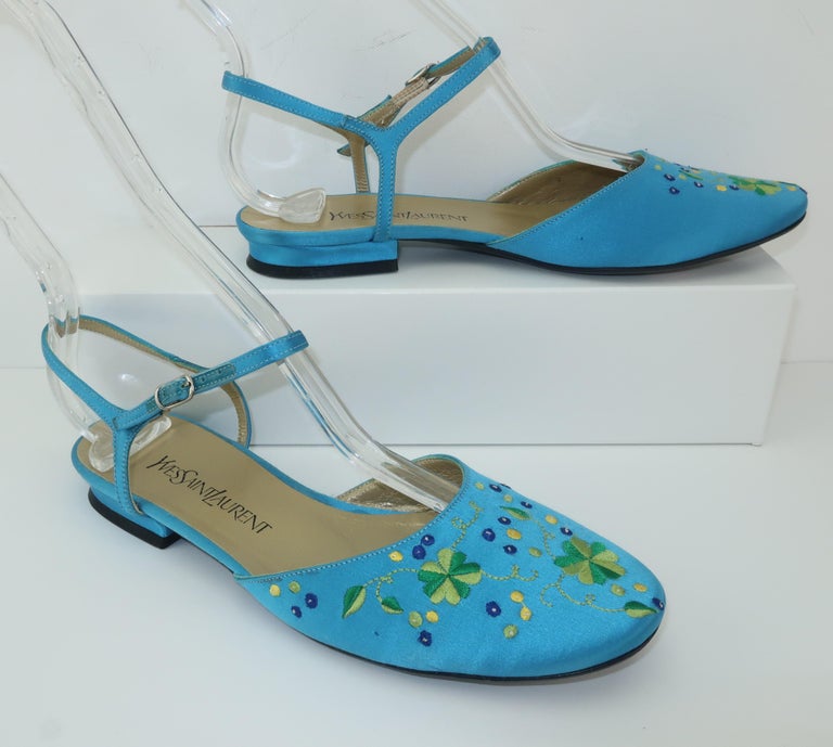 Yves Saint Laurent Aqua Blue Satin Embroidered Shoes Sz 6 For Sale at ...