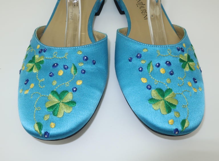 Yves Saint Laurent Aqua Blue Satin Embroidered Shoes Sz 6 For Sale at ...