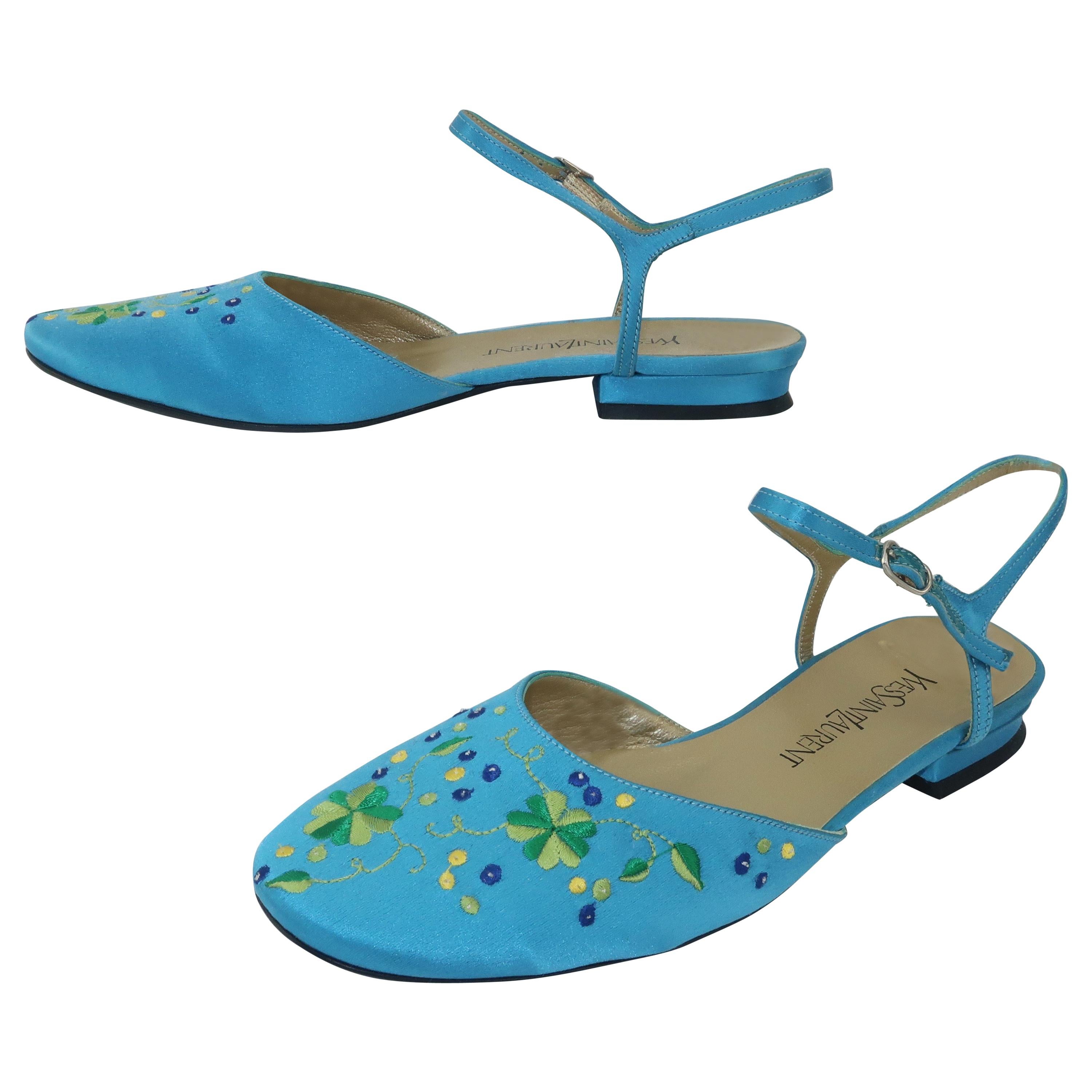 Yves Saint Laurent Aqua Blue Satin Embroidered Shoes Sz 6 For Sale at ...