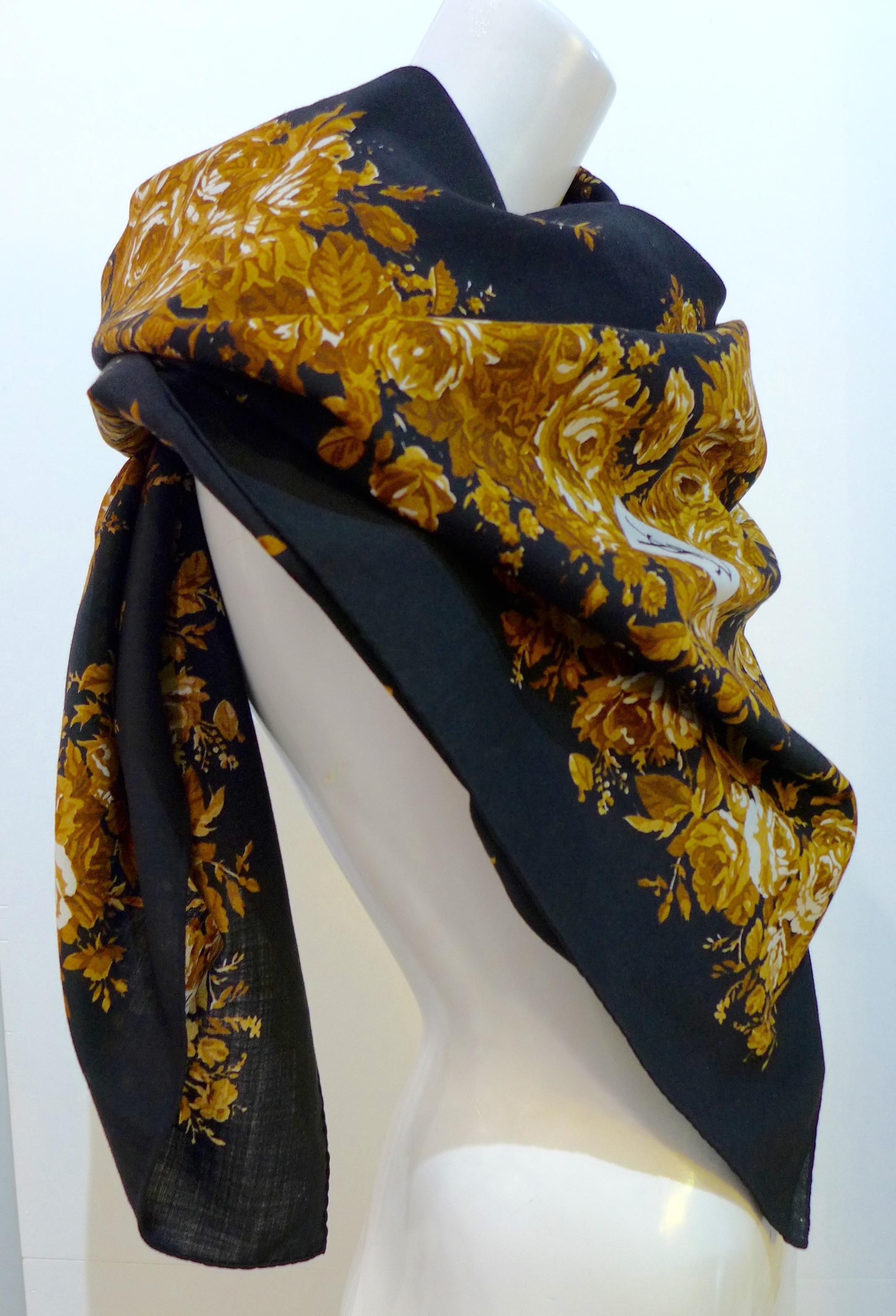 Yves Saint Laurent Black Floral Wool Scarf at 1stDibs