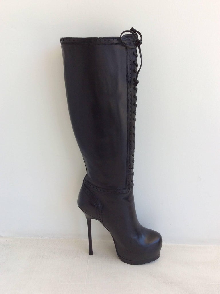Yves Saint Laurent Black Leather Tribute Lace Up Platform Boots at 1stDibs
