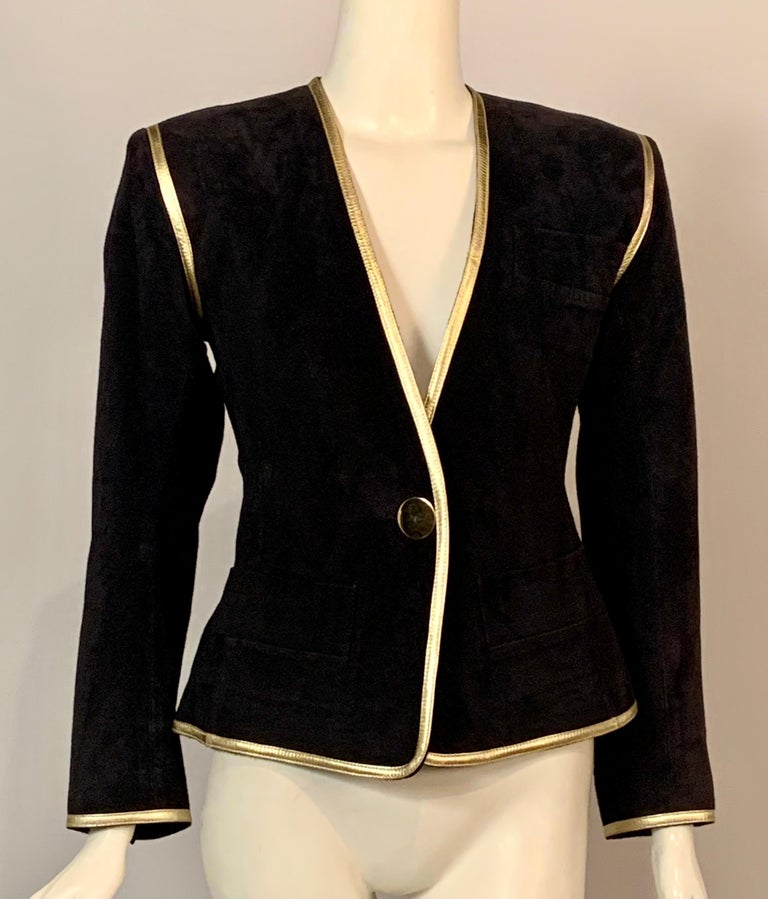 Yves Saint Laurent Black Suede Jacket with Gold Leather Trim For Sale ...