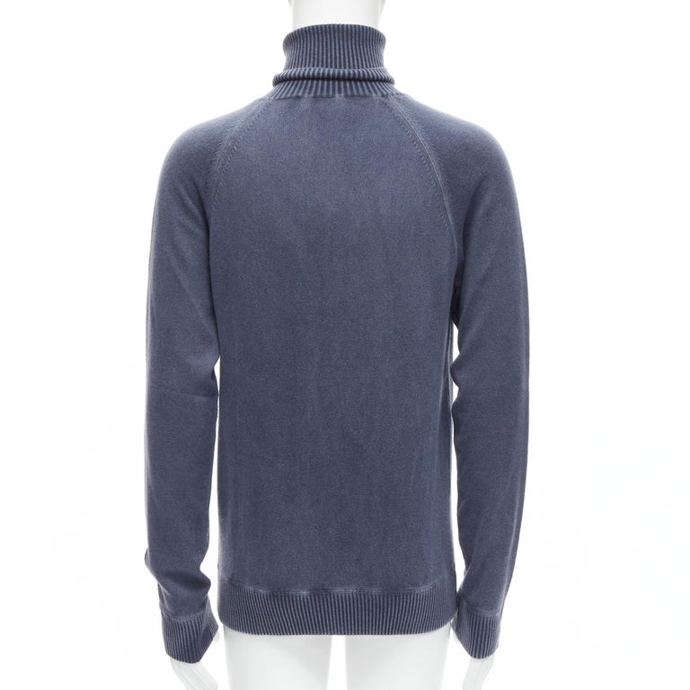 YVES SAINT LAURENT blue 100% cashmere washed buckle collar knit sweater ...