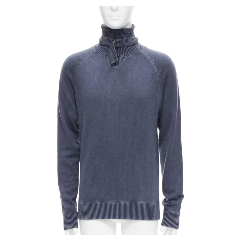 YVES SAINT LAURENT blue 100% cashmere washed buckle collar knit sweater ...