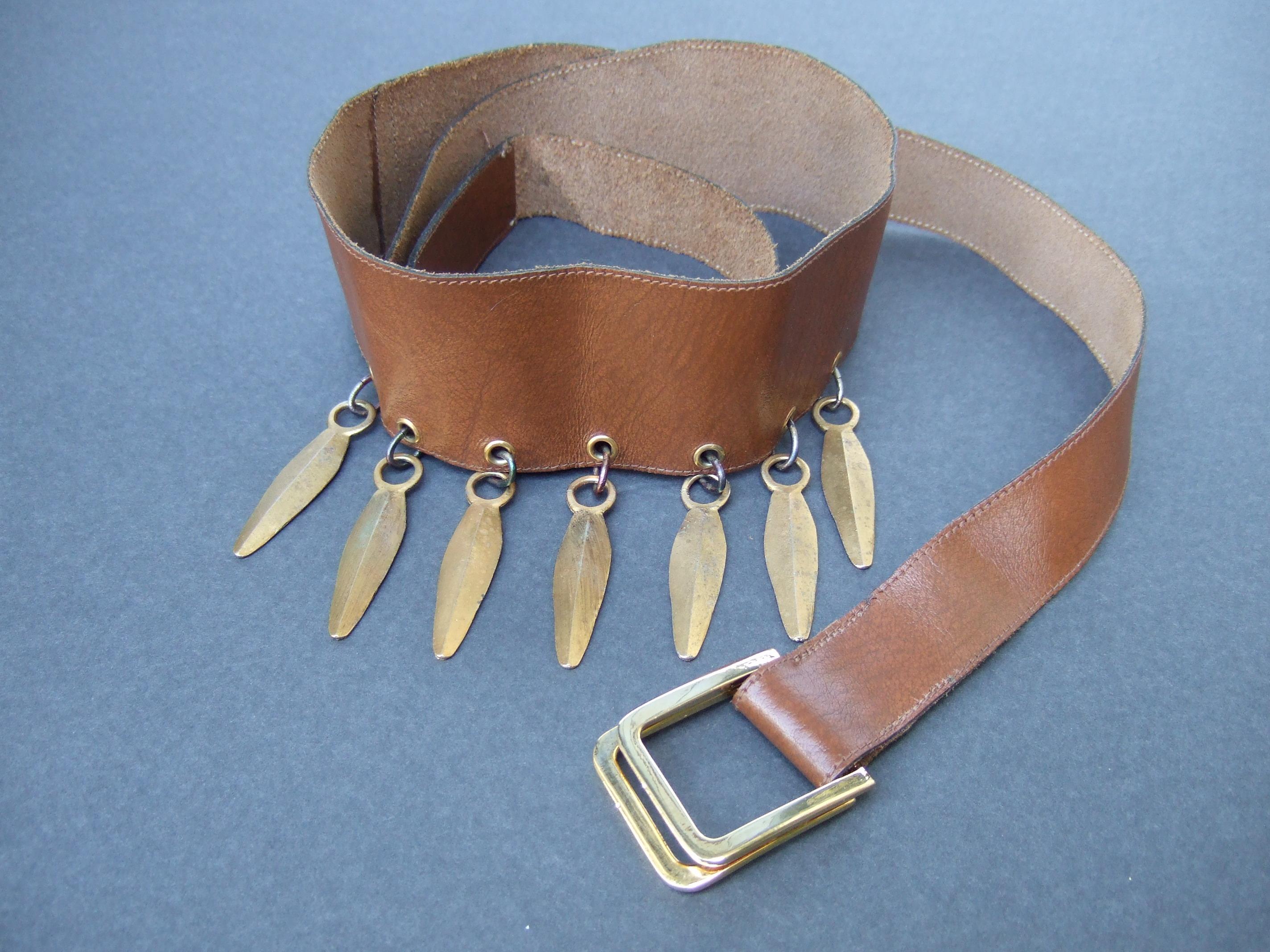 Yves Saint Laurent Brown Leather Dangling Gilt Metal Spike Charm Belt c ...