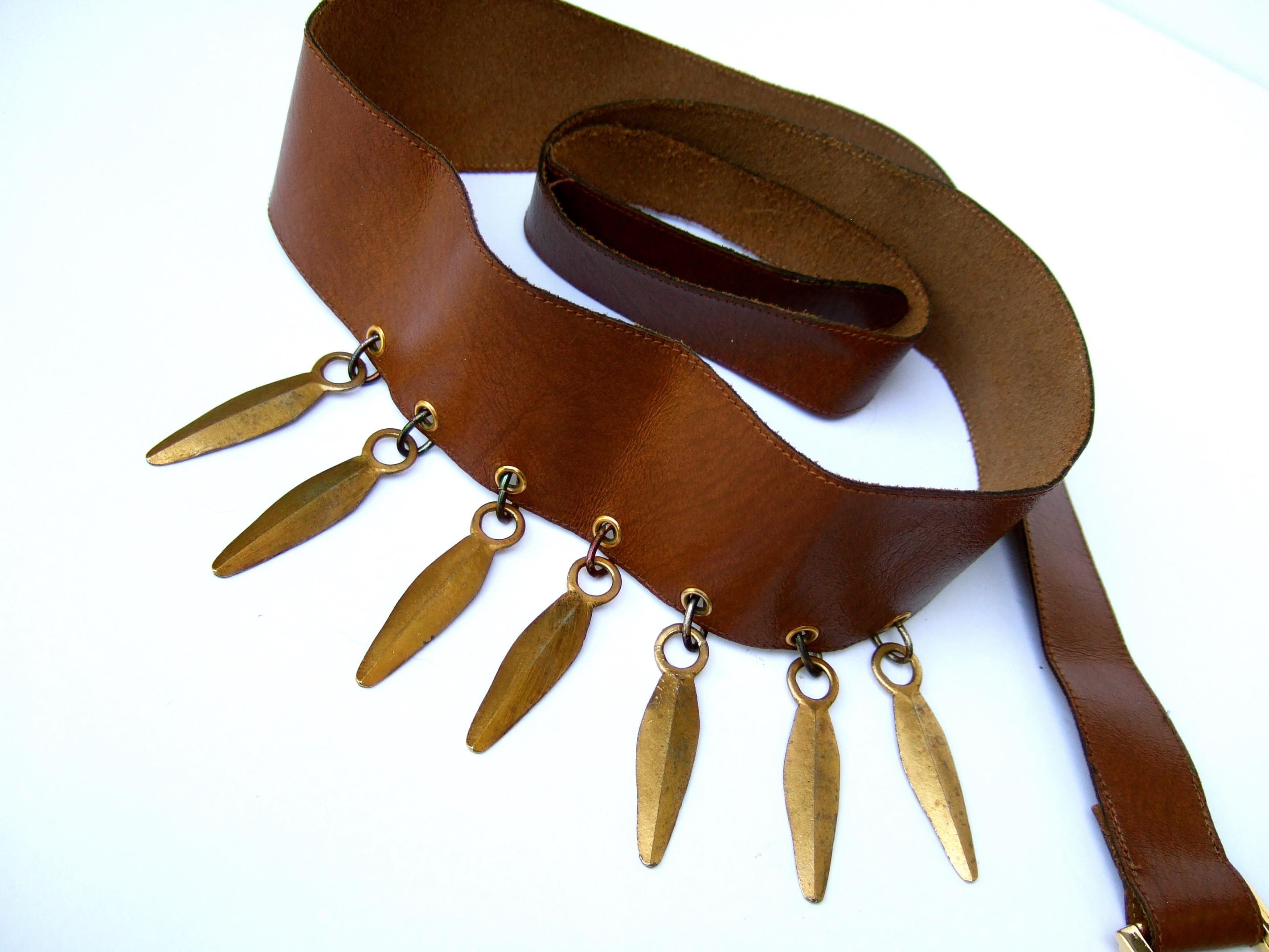 Yves Saint Laurent Brown Leather Dangling Gilt Metal Spike Charm Belt c ...