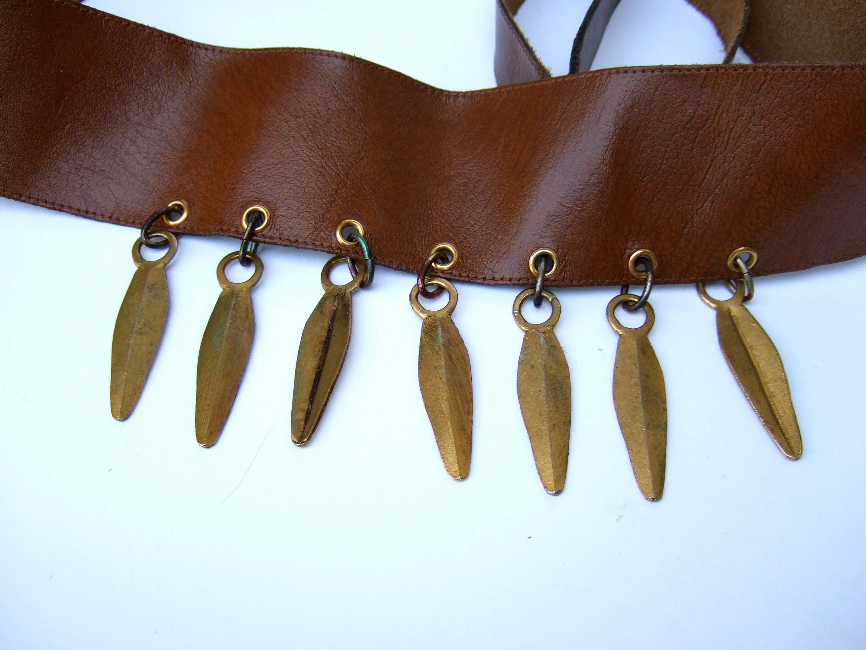 Yves Saint Laurent Brown Leather Dangling Gilt Metal Spike Charm Belt c ...