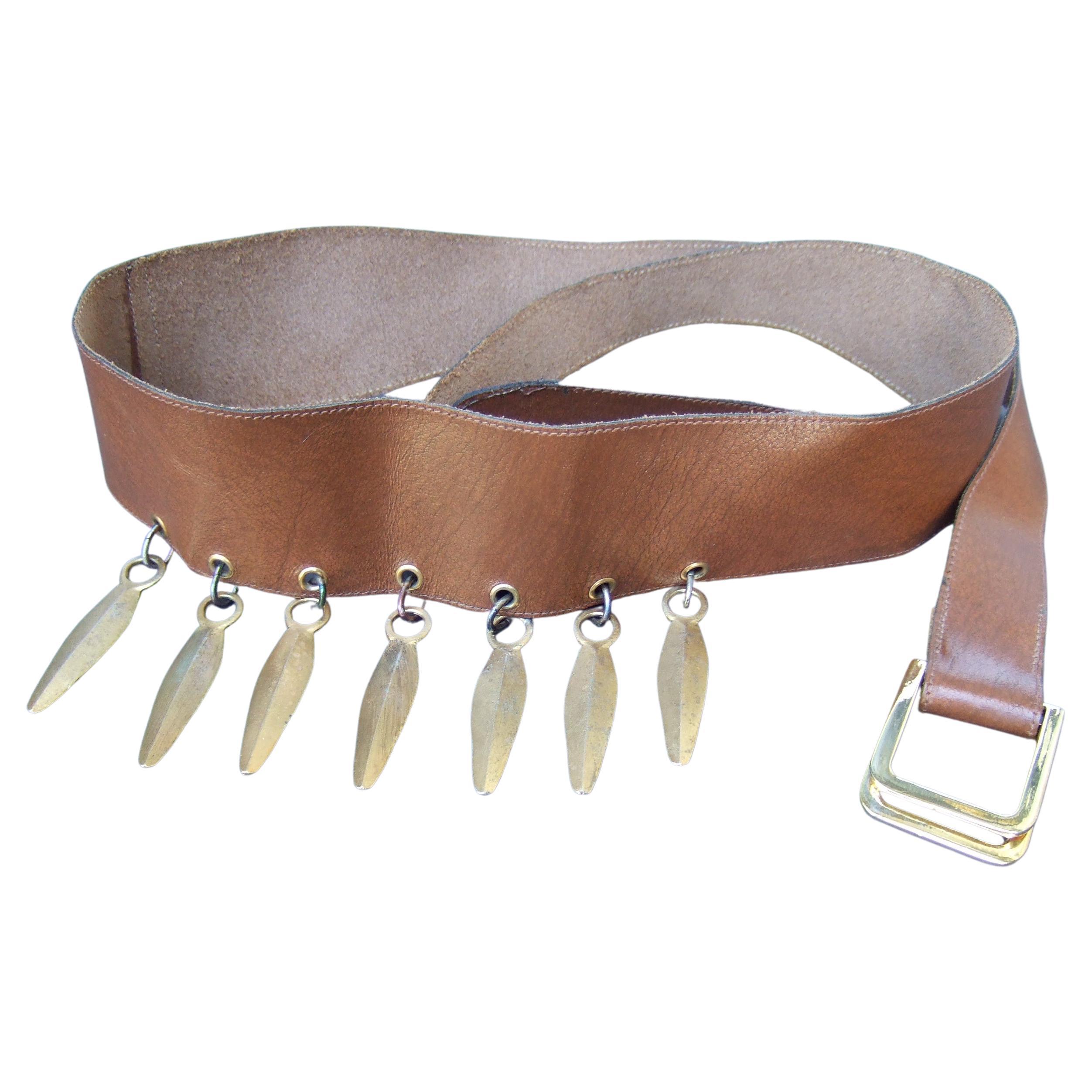 Yves Saint Laurent Brown Leather Dangling Gilt Metal Spike Charm Belt c ...