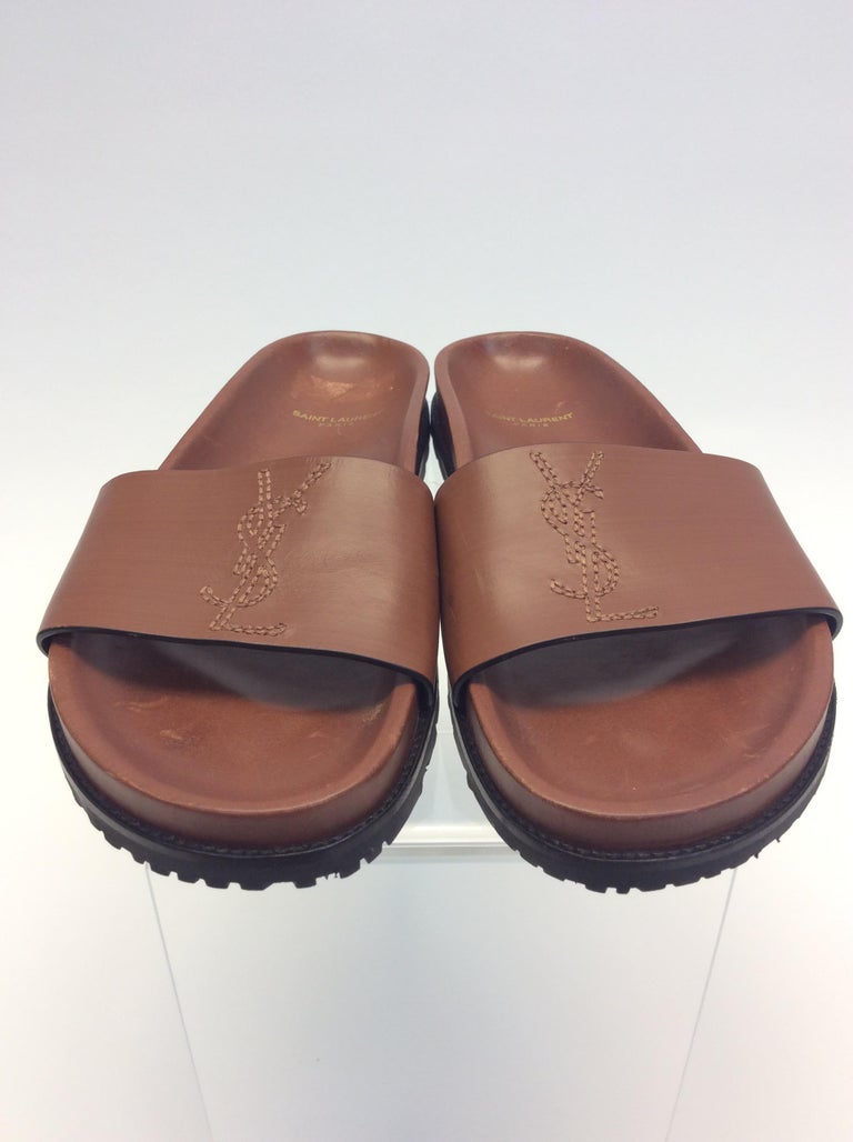 Yves Saint Laurent Brown Leather Slide Sandals For Sale at 1stDibs