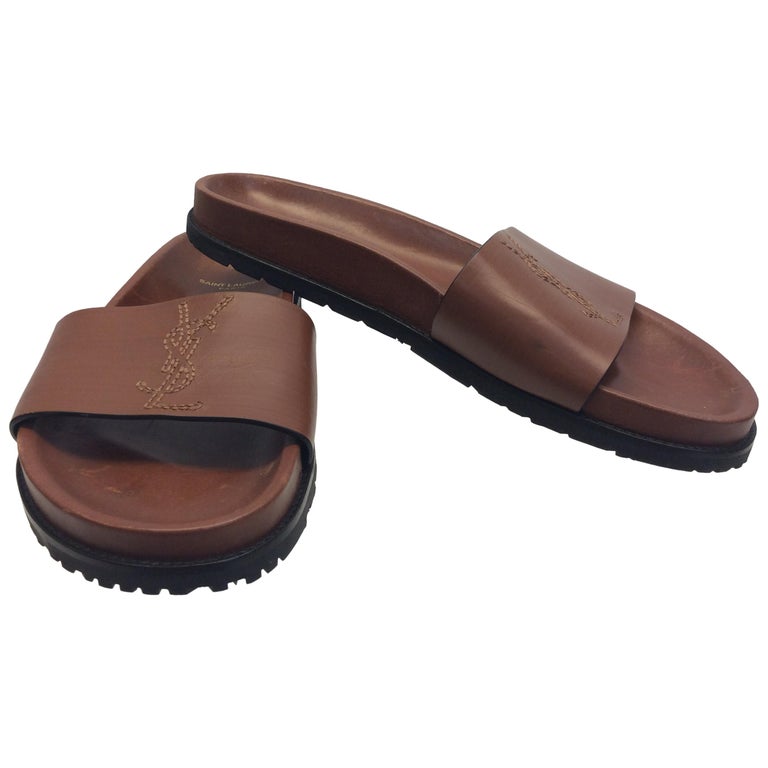 Yves Saint Laurent Brown Leather Slide Sandals For Sale at 1stDibs