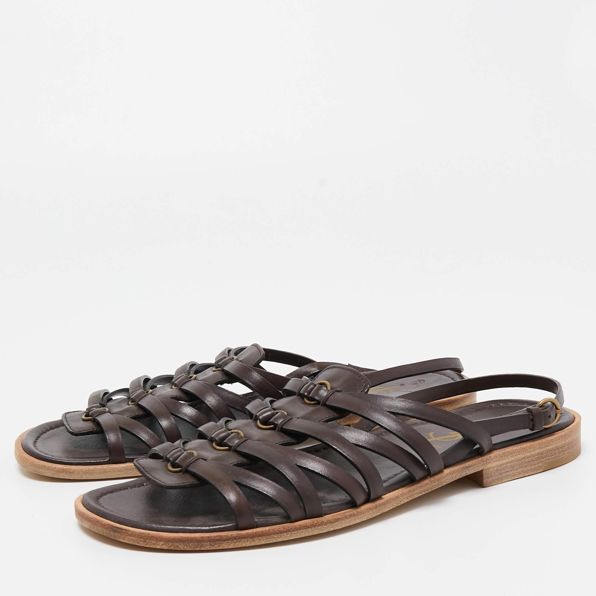 Yves Saint Laurent Brown Leather Strappy Slingback Flat Sandals Size 41 ...