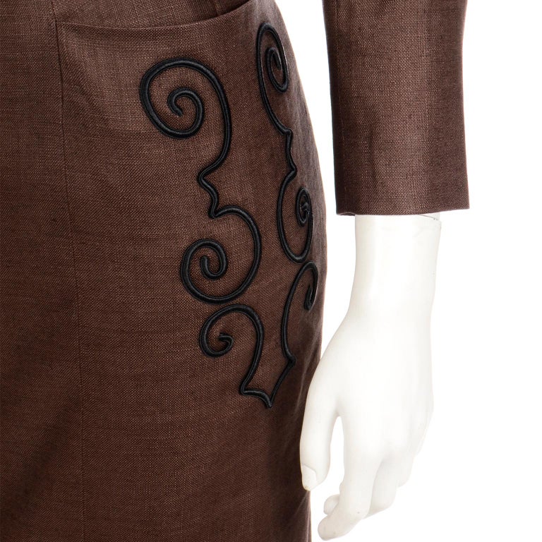 Yves Saint Laurent Brown Linen Blend Embroidered Cropped Jacket and ...