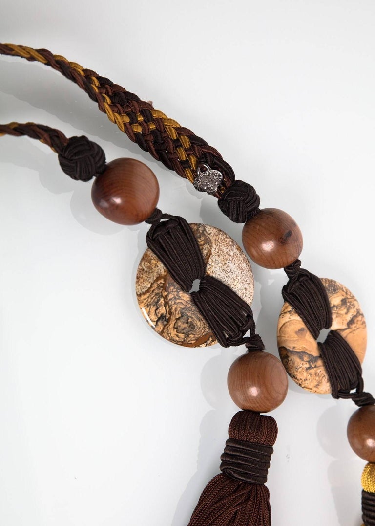 Yves Saint Laurent Brown Yellow Braided Tassel Belt Wood Agate Beads ...