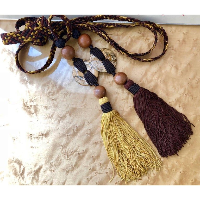 Yves Saint Laurent Brown Yellow Braided Tassel Belt Wood Agate Beads ...