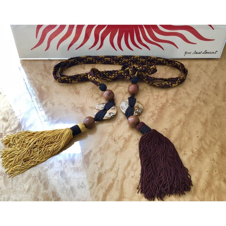 Yves Saint Laurent Brown Yellow Braided Tassel Belt Wood Agate Beads ...