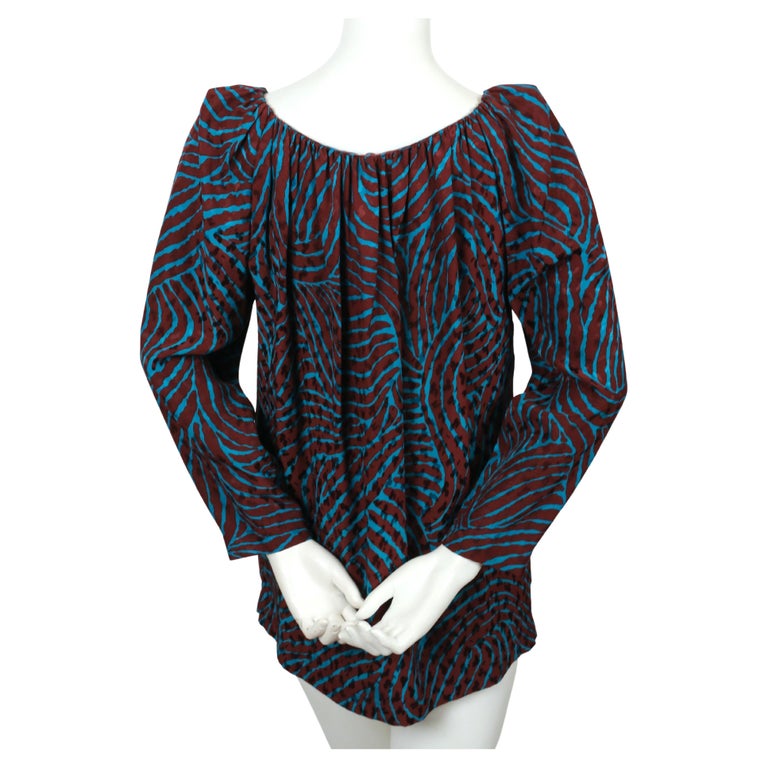 YVES SAINT LAURENT burgundy and turquoise blouse with draped neckline ...