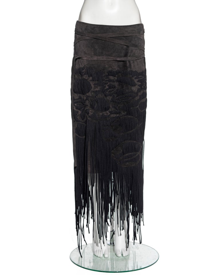 Yves Saint Laurent by Tom Ford brown leather woven fringed skirt, fw ...