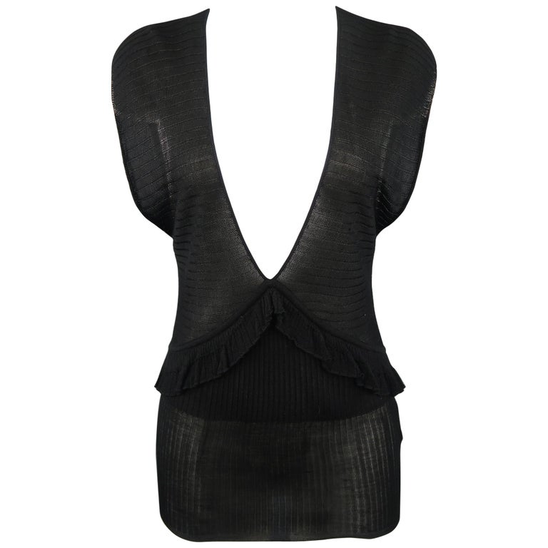 YVES SAINT LAURENT by TOM FORD Size L Black Silk Sheer Knit Plunge Top ...