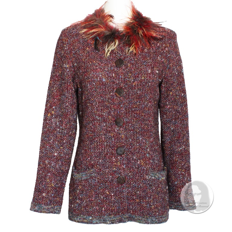 Yves Saint Laurent Cardigan Colorful Knit Feather Trim 90s YSL Rive ...