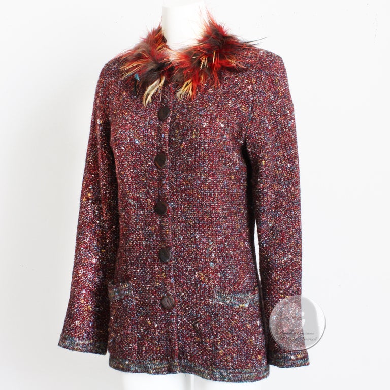 Yves Saint Laurent Cardigan Colorful Knit Feather Trim 90s YSL Rive ...