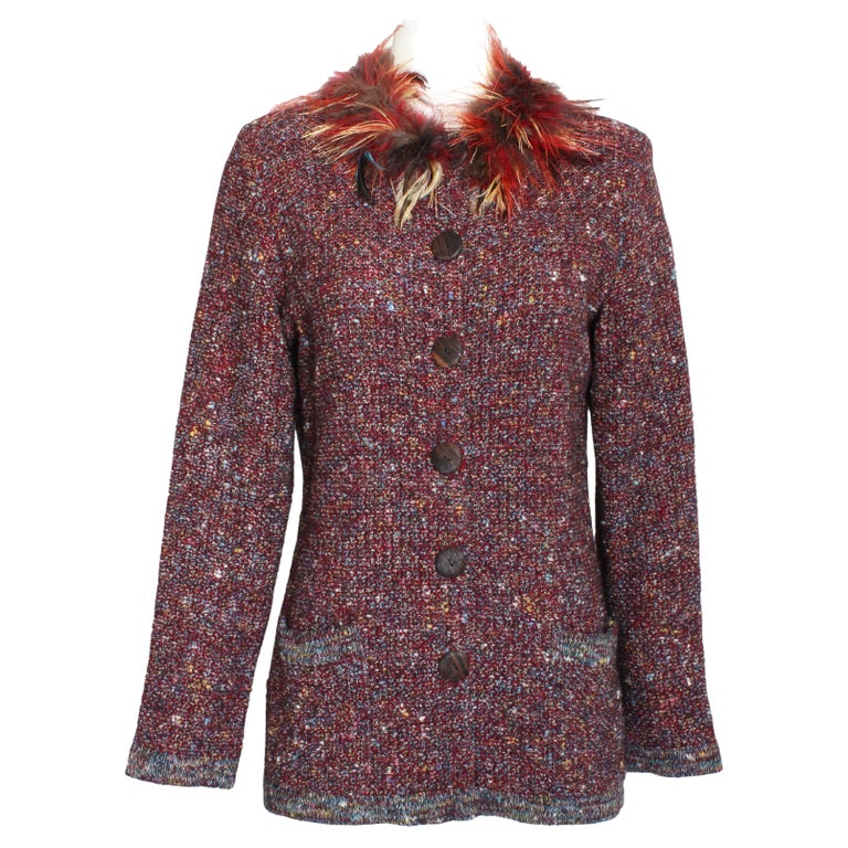 Yves Saint Laurent Cardigan Colorful Knit Feather Trim 90s YSL Rive ...