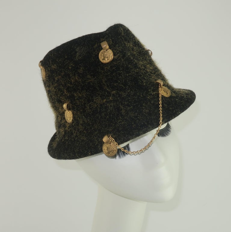 Yves Saint Laurent Charcoal Gray Trilby Hat With Gold Coins, 1960's at ...