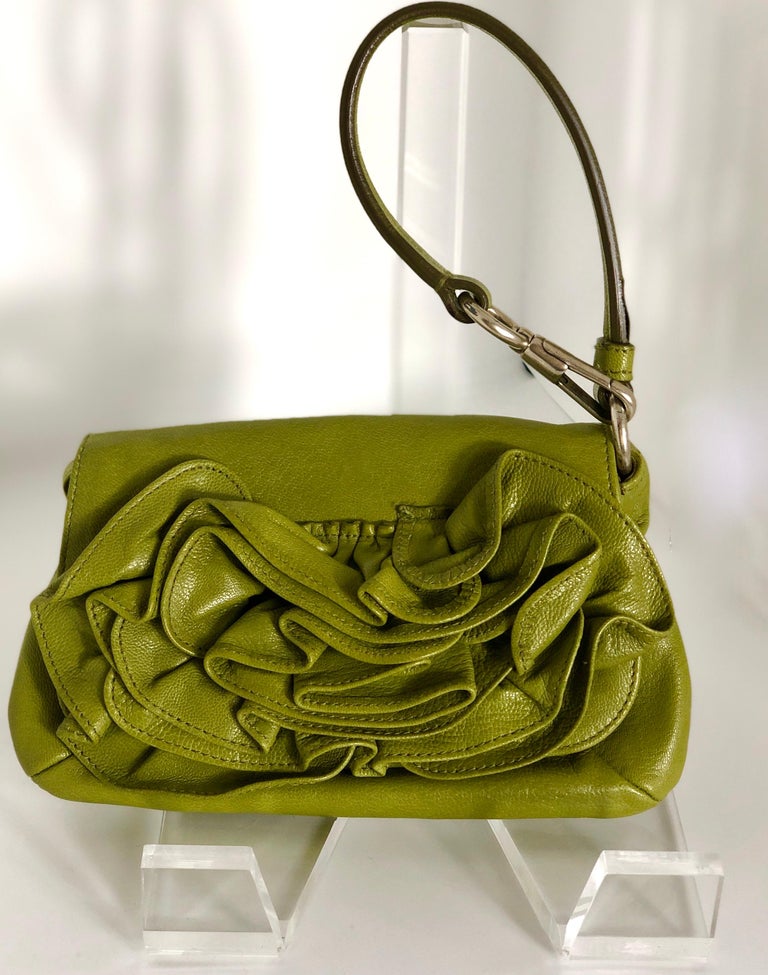 Yves Saint Laurent Chartreuse Green Leather Floral Ruffle Mini Shoulder ...