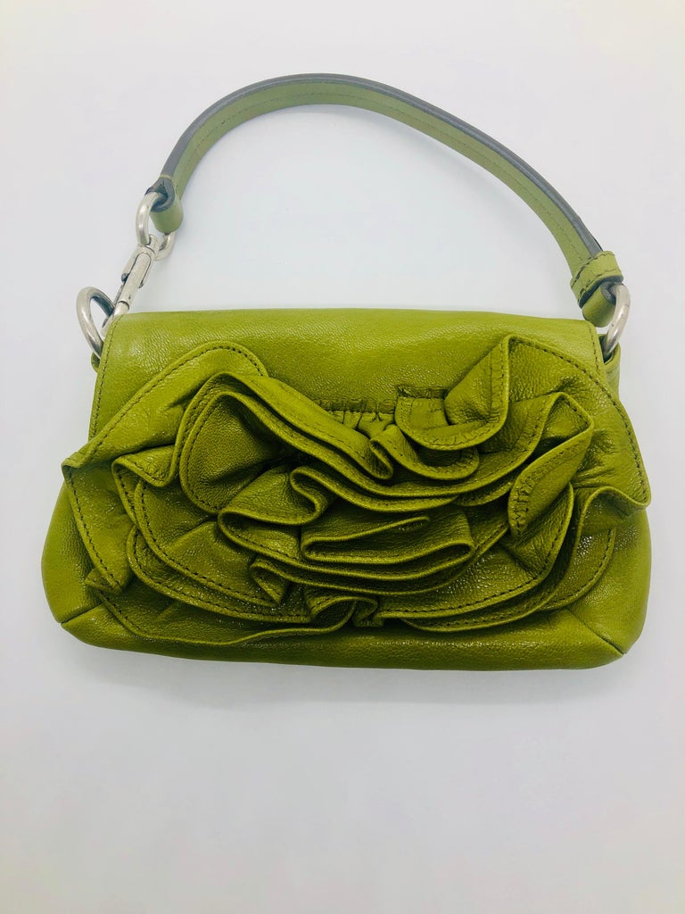 Yves Saint Laurent Chartreuse Green Leather Floral Ruffle Mini Shoulder ...