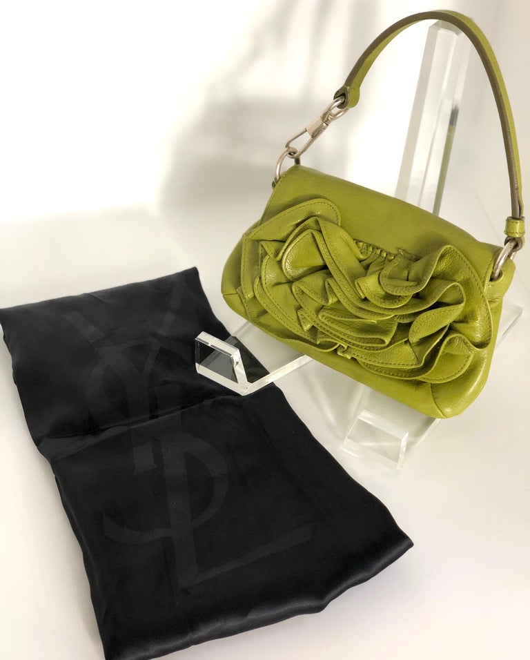 Yves Saint Laurent Chartreuse Green Leather Floral Ruffle Mini Shoulder ...