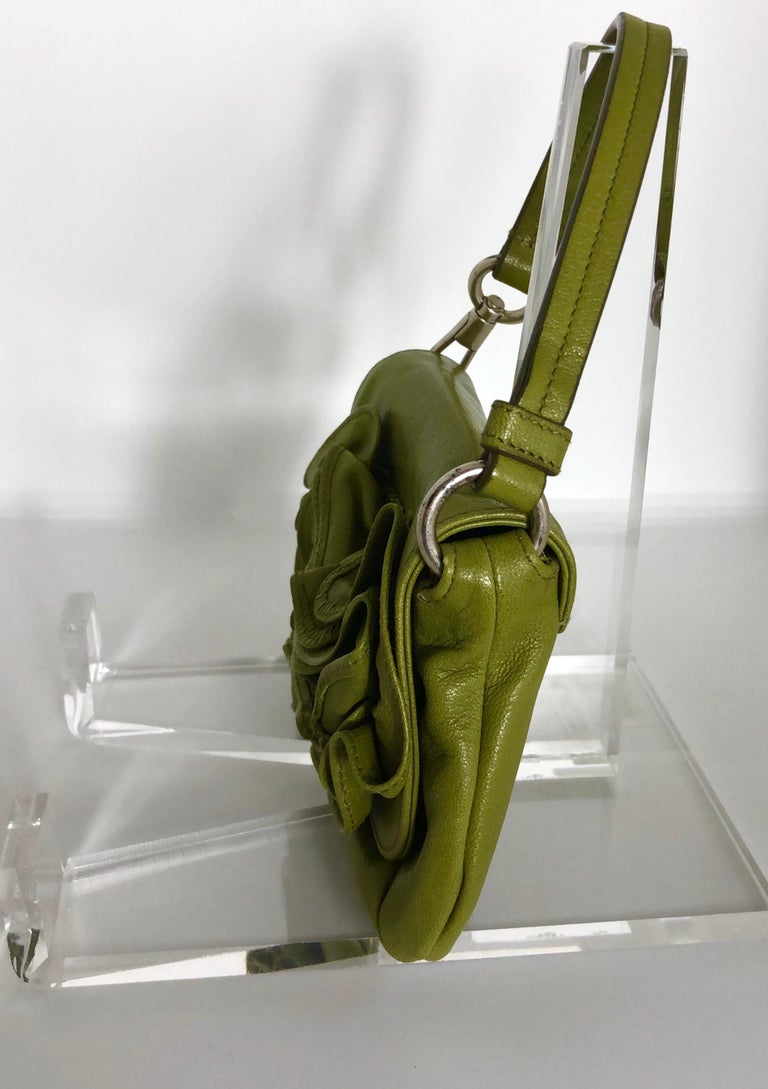 Yves Saint Laurent Chartreuse Green Leather Floral Ruffle Mini Shoulder ...