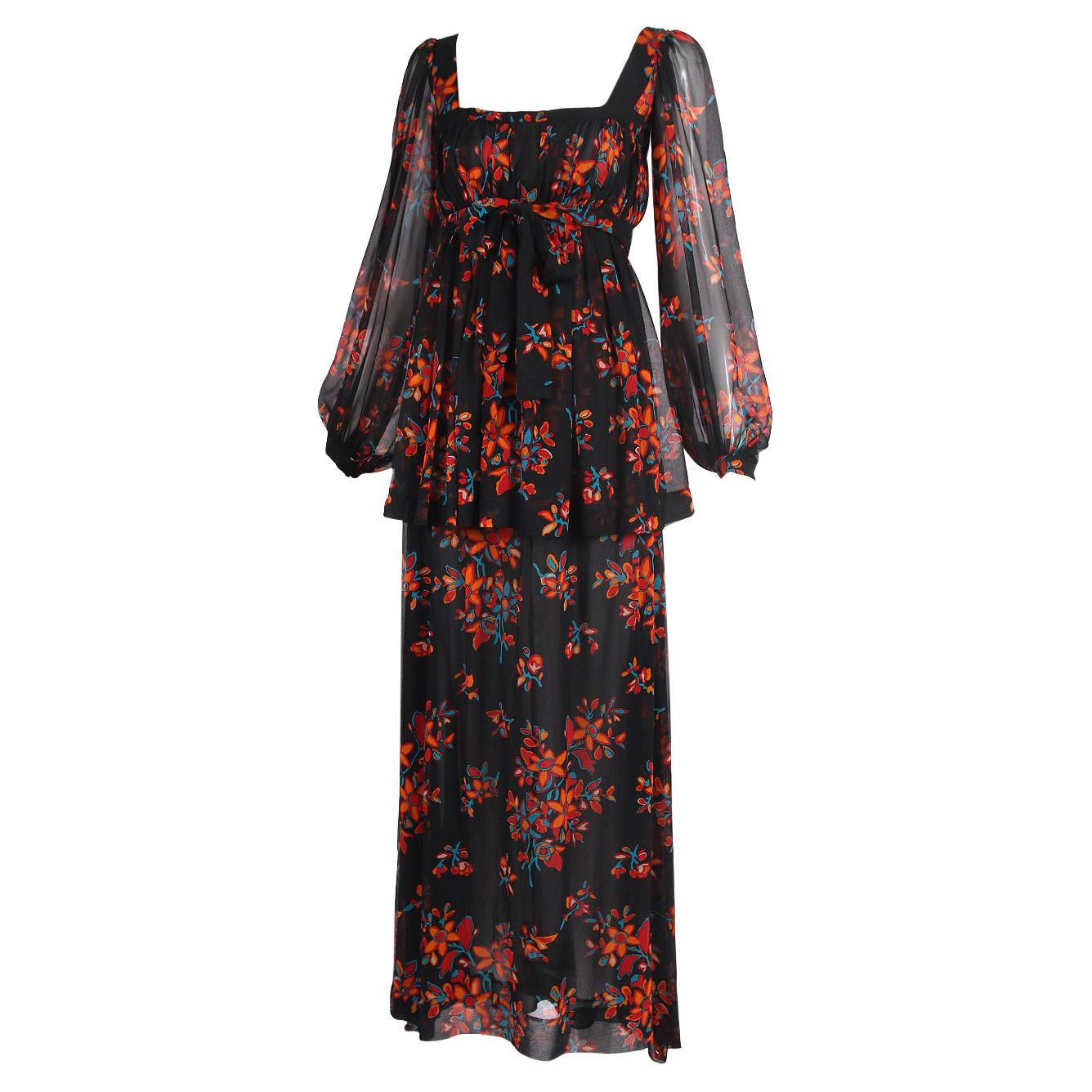 Yves Saint Laurent Chiffon Printed Dress W/Peplum, 1978 at 1stDibs