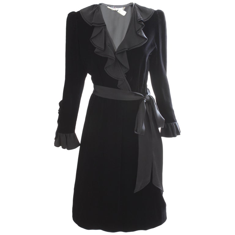 Yves Saint Laurent Cocktail Dress with Ruffles YSL Black Silk Velvet ...