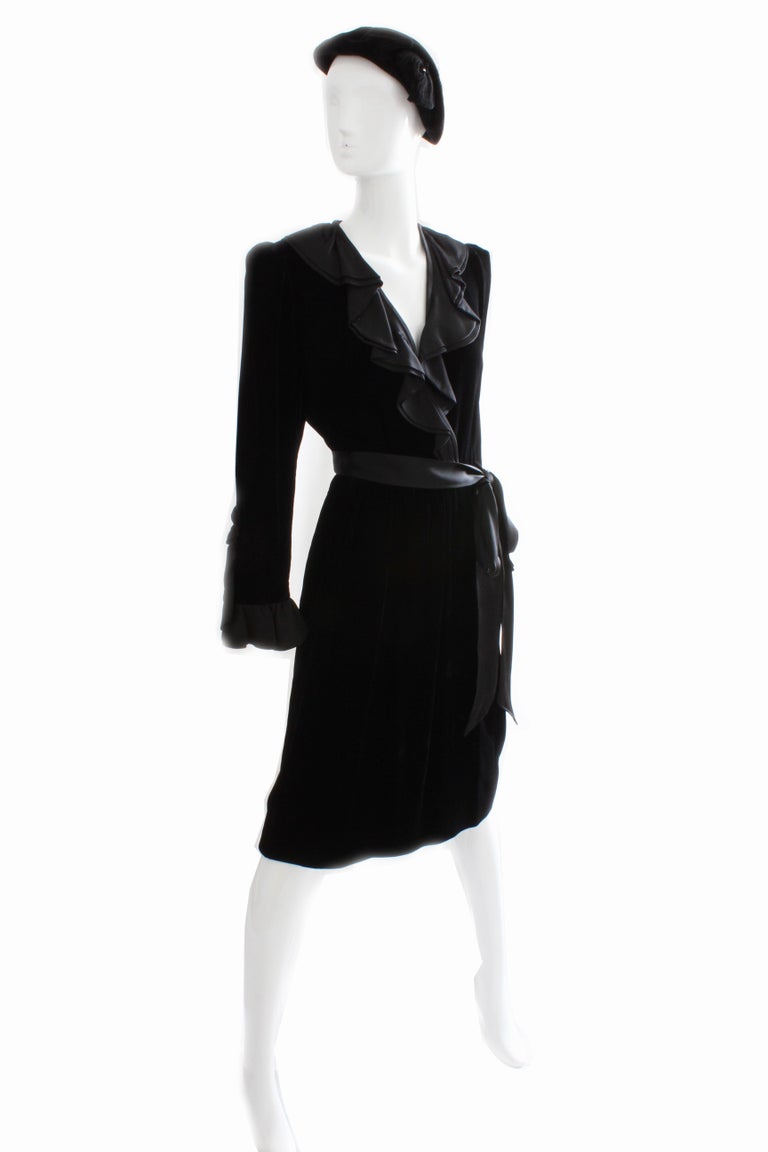 Yves Saint Laurent Cocktail Dress with Ruffles YSL Black Silk Velvet ...