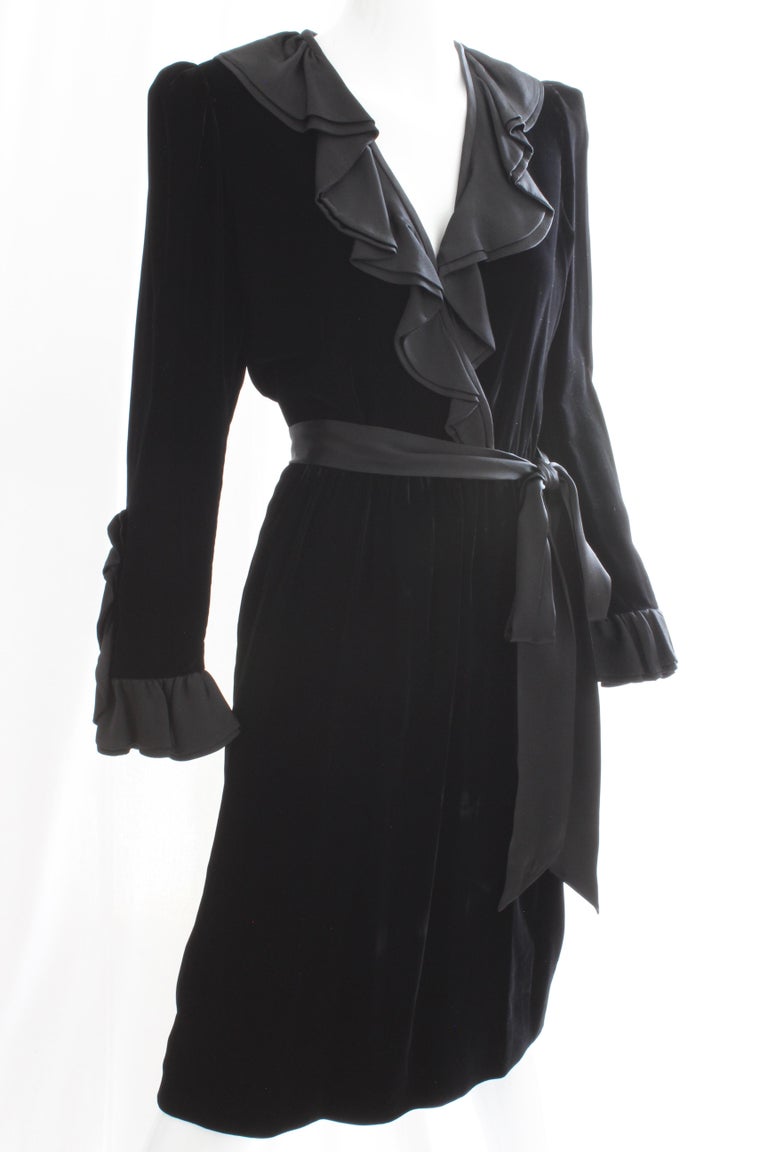 Yves Saint Laurent Cocktail Dress with Ruffles YSL Black Silk Velvet ...