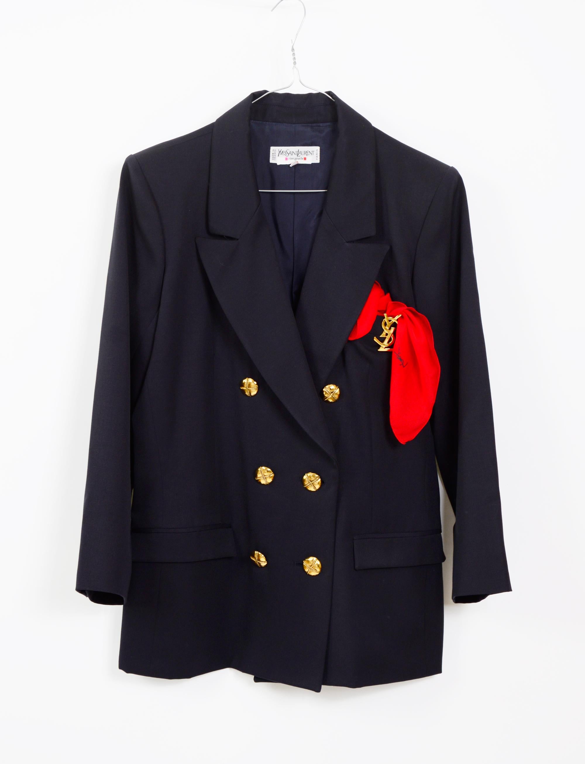 Yves Saint Laurent double breasted blazer attached logo brooch and ...