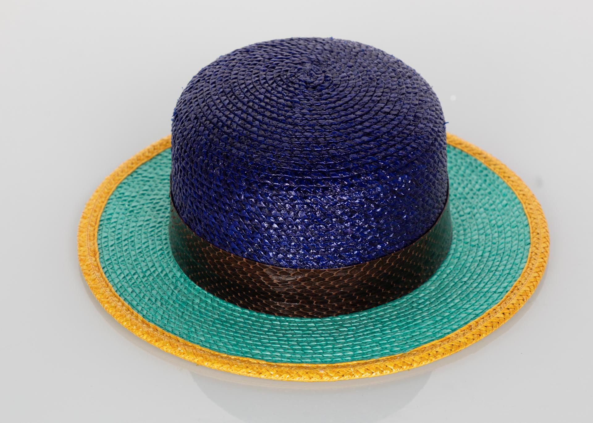Yves Saint Laurent Glossy Color Block Snakeskin Trim Bowler Hat YSL ...