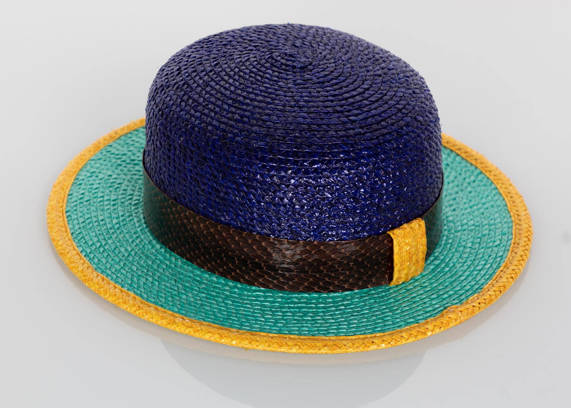Yves Saint Laurent Glossy Color Block Snakeskin Trim Bowler Hat YSL ...