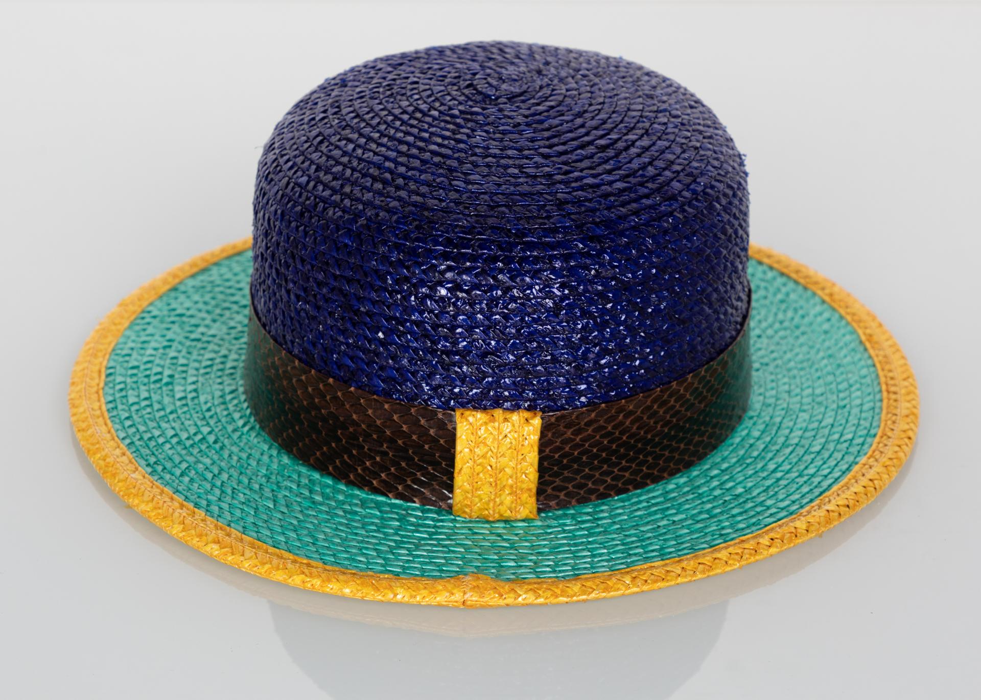 Yves Saint Laurent Glossy Color Block Snakeskin Trim Bowler Hat YSL ...