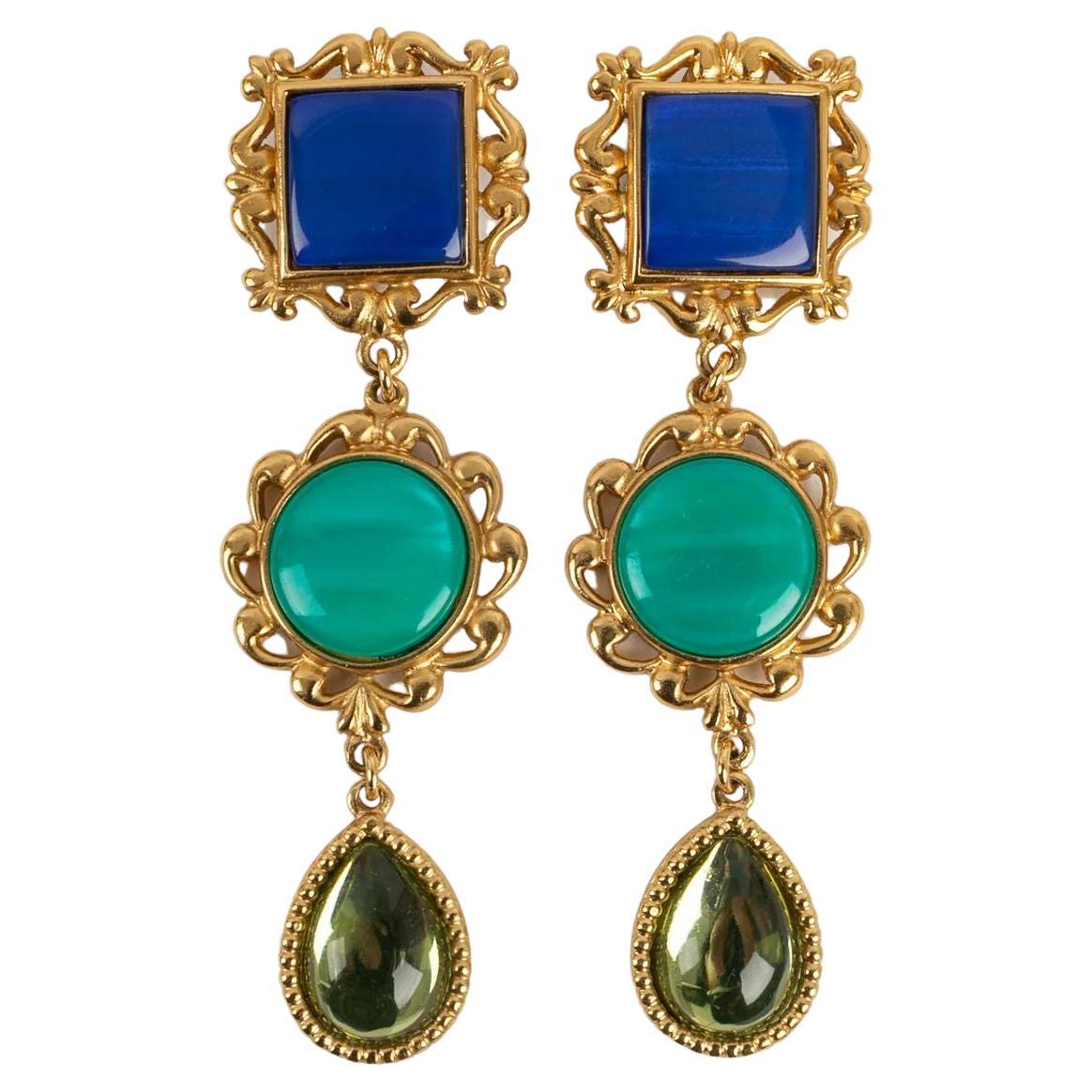 Augustine Gilted Metal Earrings with Green Glass Paste For Sale at 1stDibs