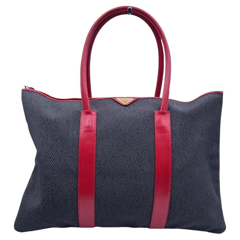 Yves Saint Laurent Grey and Red Textured Vinyl Canvas Tote Bag For Sale ...