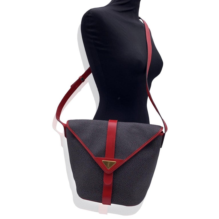 Yves Saint Laurent Grey Red Textured Vinyl Canvas Messenger Bag For ...