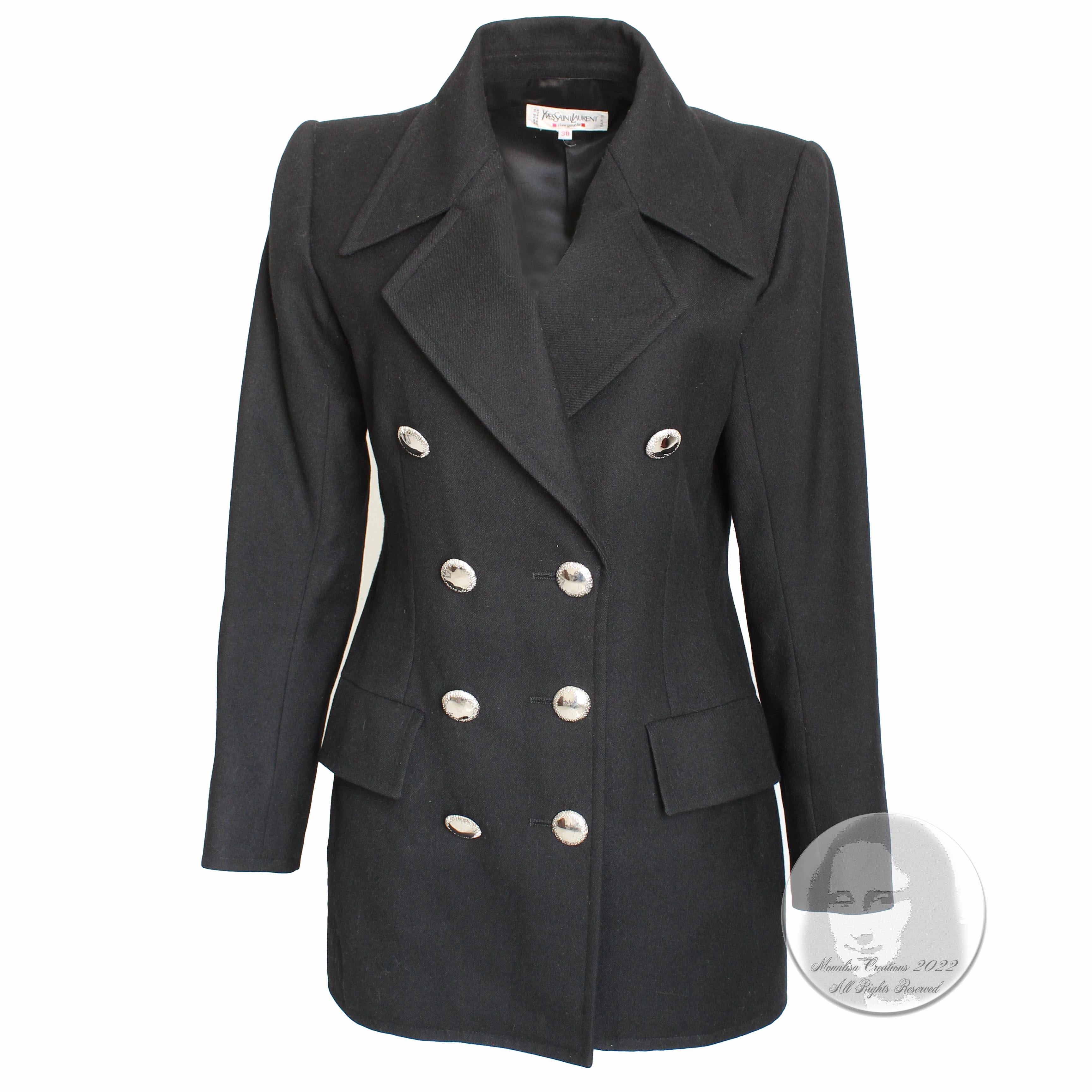 Yves Saint Laurent Jacket Black Wool Double Breasted Pea Coat Style ...